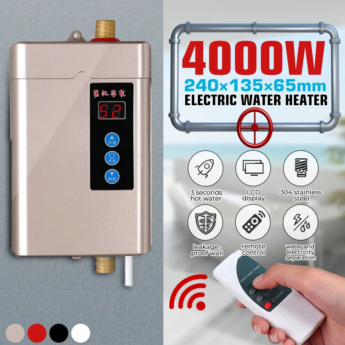 US-EU-Plug-4000W-Electric-Tankless-Instant-Hot-Water-Heater-Kitchen ...