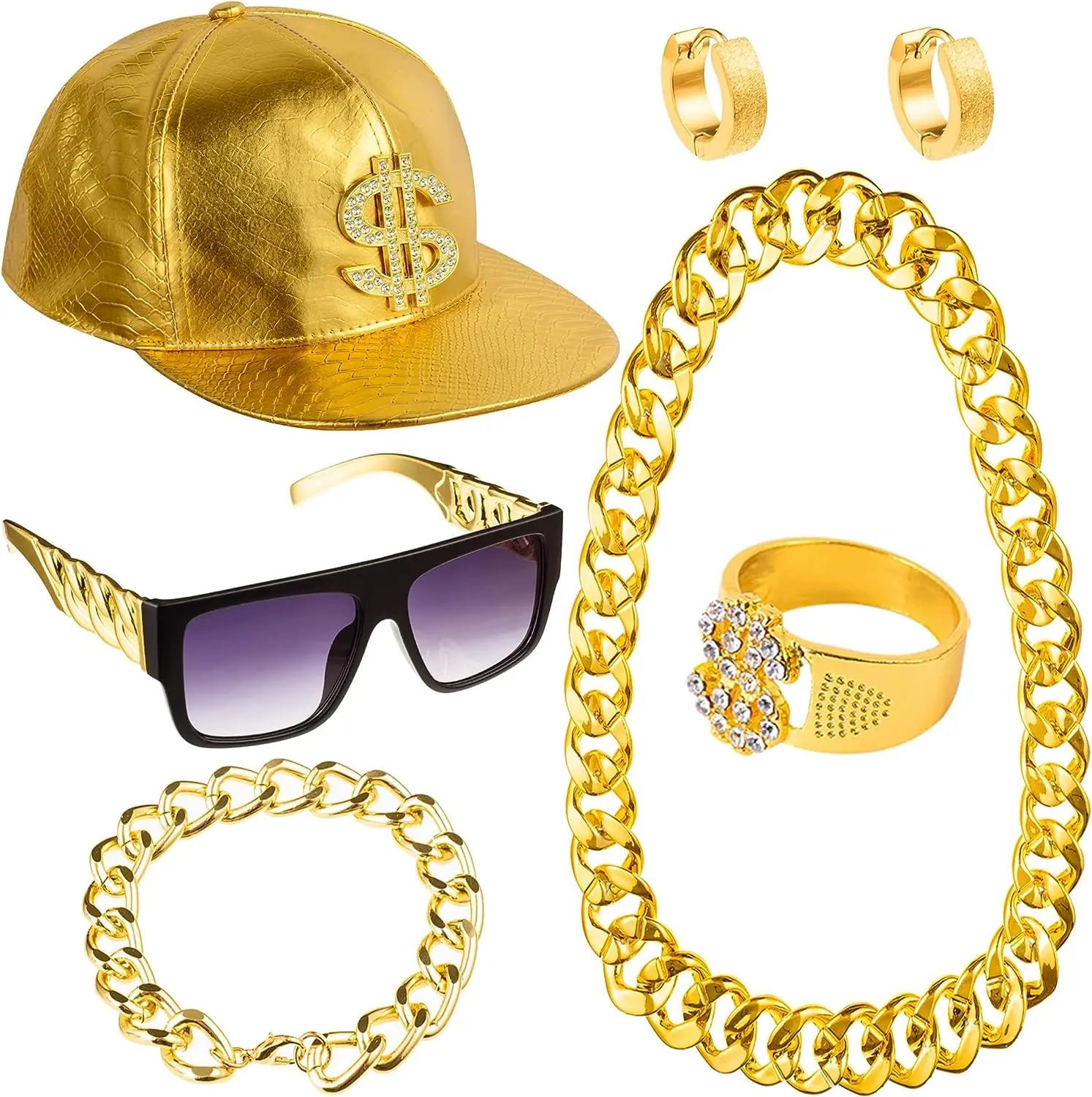 PESENAR-80s-90sHip-Hop-Costume-Kit-Metal-Chain-Flat-Top-Sunglasses ...