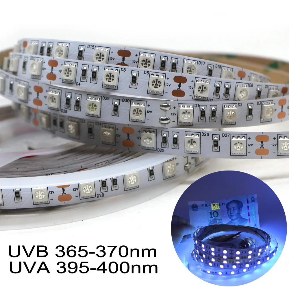 UVA 395 405nm UVB 365 370nm Luz de tira conduzida UV 5050 60leds/m 12V 24V Ultravioleta Ray LED ...