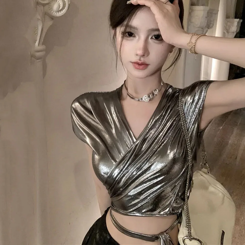 Silber Rmellose T Shirt Frauen Sexy Streetwear Unregelm Ige Kurze