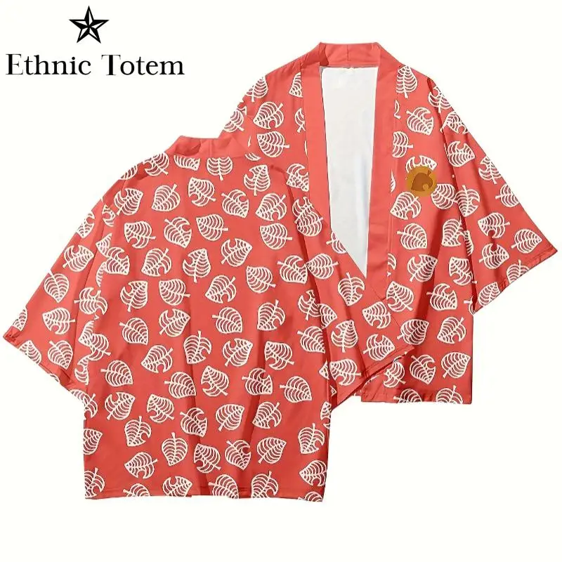 Cute-Leaf-Print-Japanese-Kimono-Pink-Green-Haori-Cardigan-Yukata ...