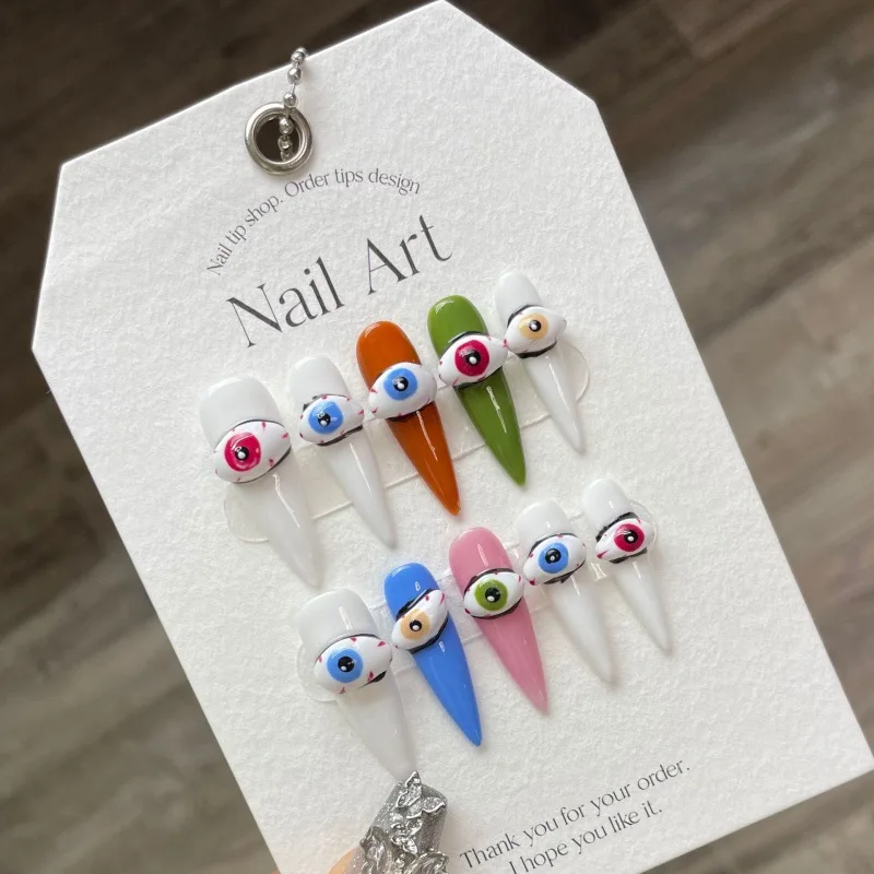 Handmade-Long-Pointed-Fake-Nails-With-Stereo-Ins-Hand-Painted-Ggraffiti ...