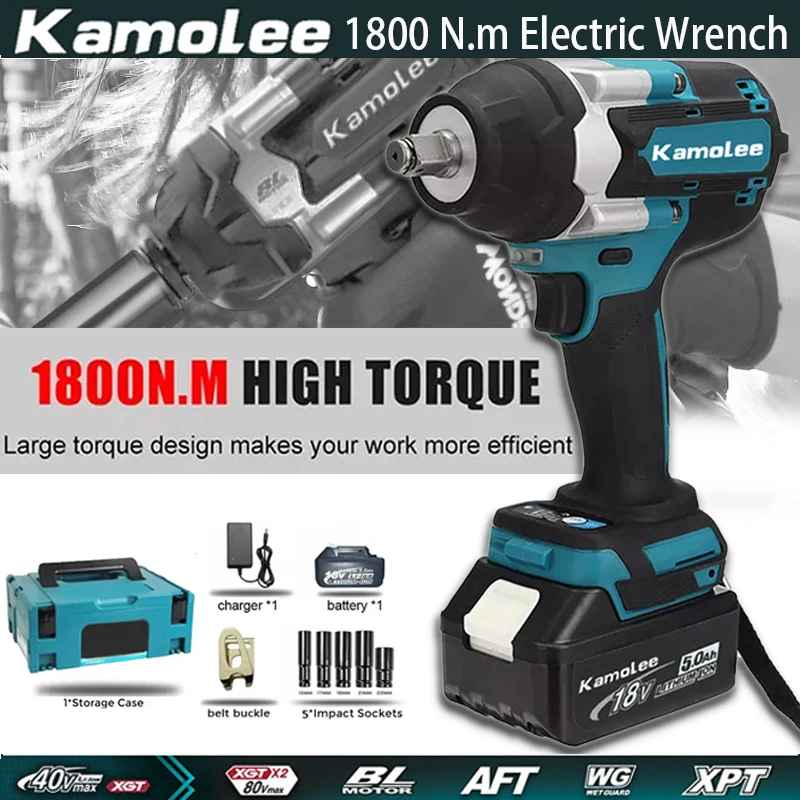Kamolee DTW700 1800N 임팩트 렌치, 배터리 및 5 슬리브 포함, 18V 마키타 배터리와 호환 가능, 1/2 인치 ...