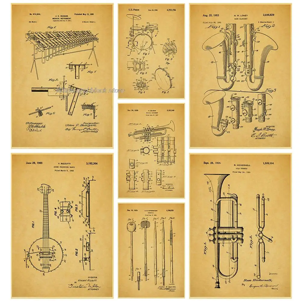 Music-Instruments-Patent-Retro-Posters-Print-Vintage-Drum-Blueprint-Art ...