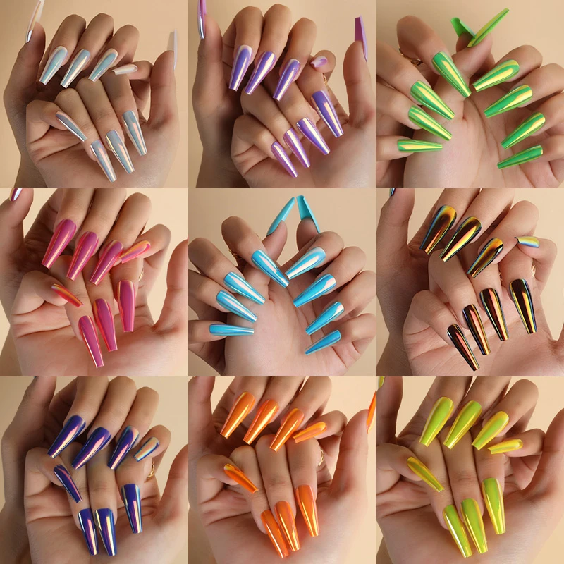 PINPAI 24PCS Mirror Effect Long Coffin Press On Fake Nails Kit With ...