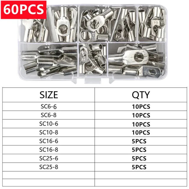 170/60Pcs Copper Bare Lug Terminal Electrical Wire Crimp Connector Kit ...