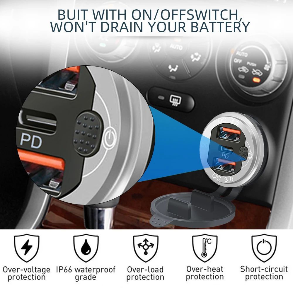 Aluminum-PD-Type-C-Car-Charger-Socket-QC3-0-Dual-Ports-100W-USB-C-12V ...