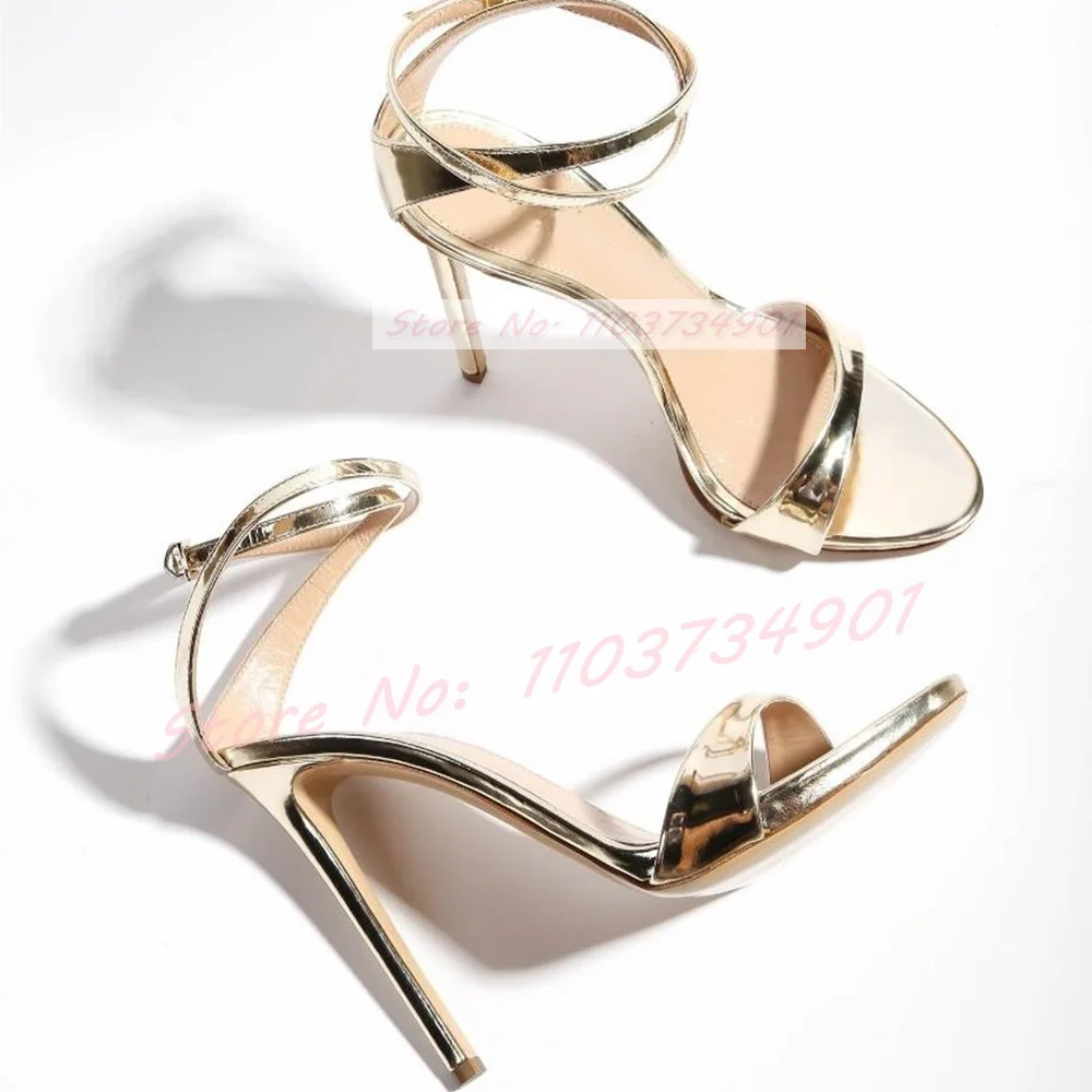 Cross Strap Gold Mirrored Leather Sandals Female Round Toe Thin High ...