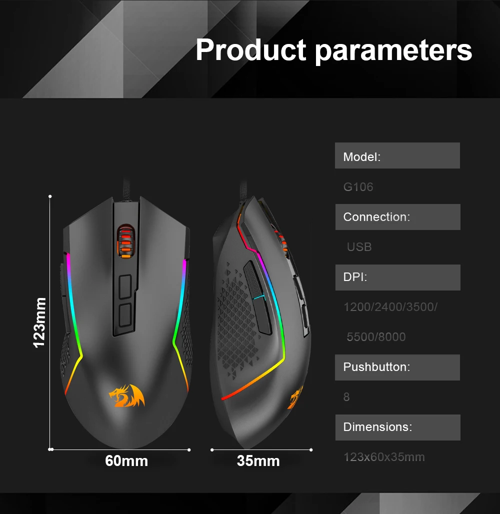 REDRAGON G106 USB RGB wired Gaming Mouse 8000 DPI 6 programmable game ...