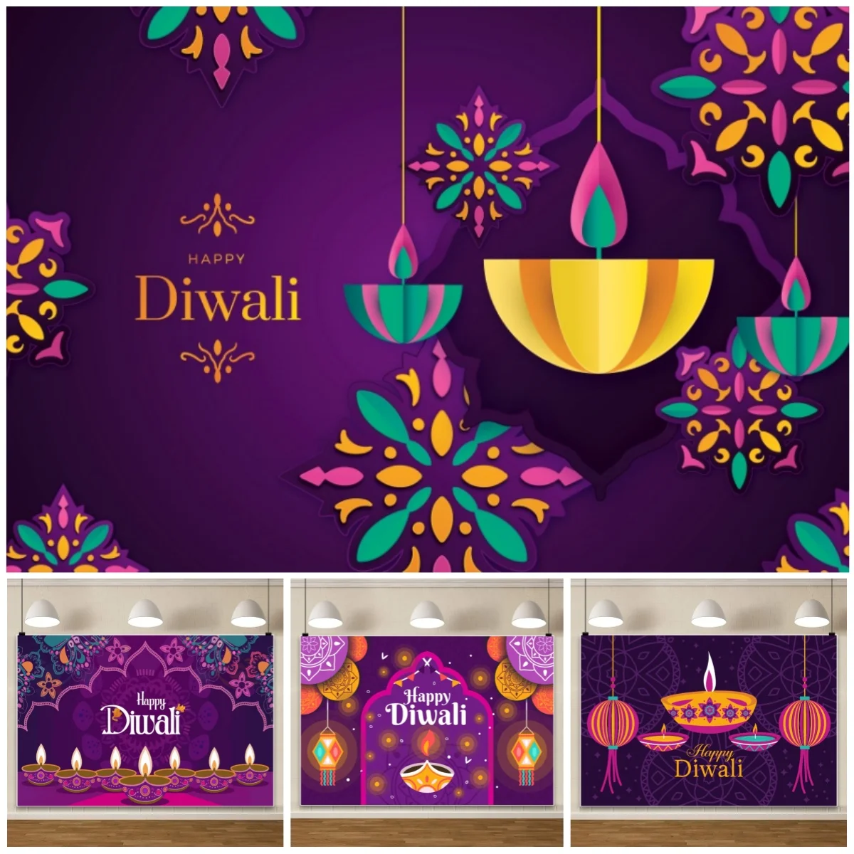 Happy Diwali Photography Backdrop Diya Lamp Purple Floral For Deepavali ...