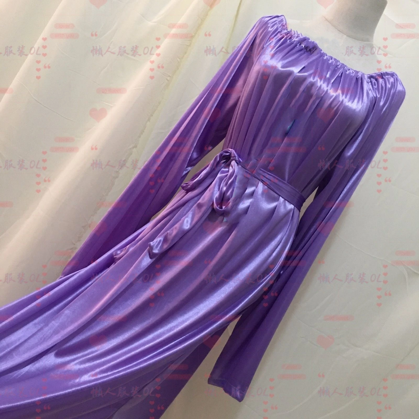 Spring Autumn Sexy Women Glossy Satin Long Dress with Belt Long sleeve ...