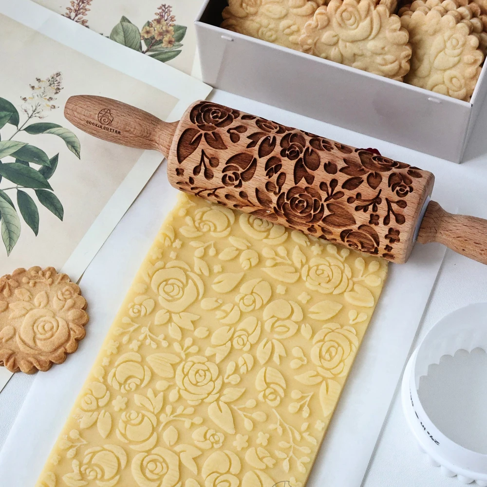 Rose Flower Pattern Rolling Pin Roller Wooden Embossing Fondant Biscuit ...