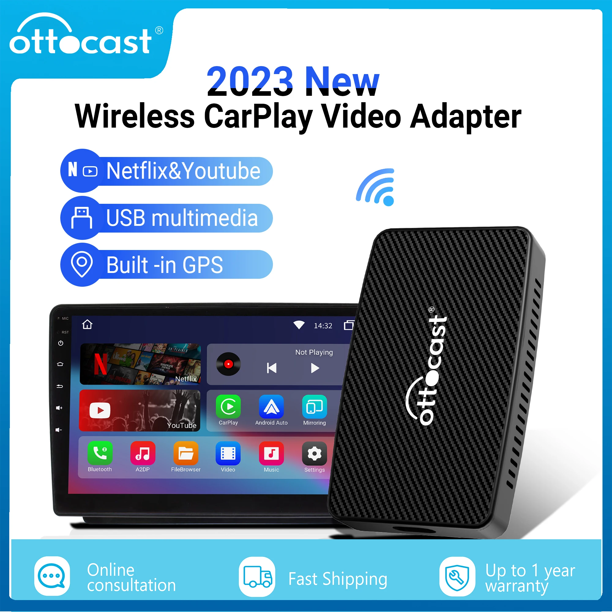 OTTOCAST Play2Video Adaptador Auto Android Sem Fio CarPlay Sem Fio Construído em Youtube Netflix ...