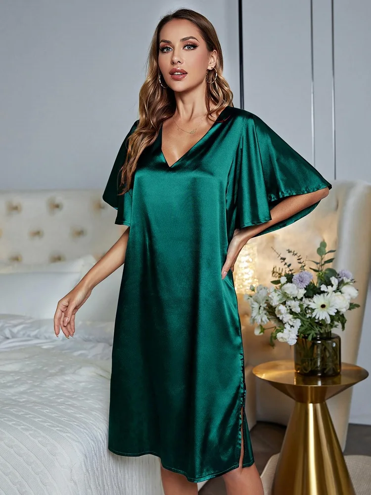 Silk Satin Sleepwear Loose Casual Sexy Home Wear Night Dress Side Split ...