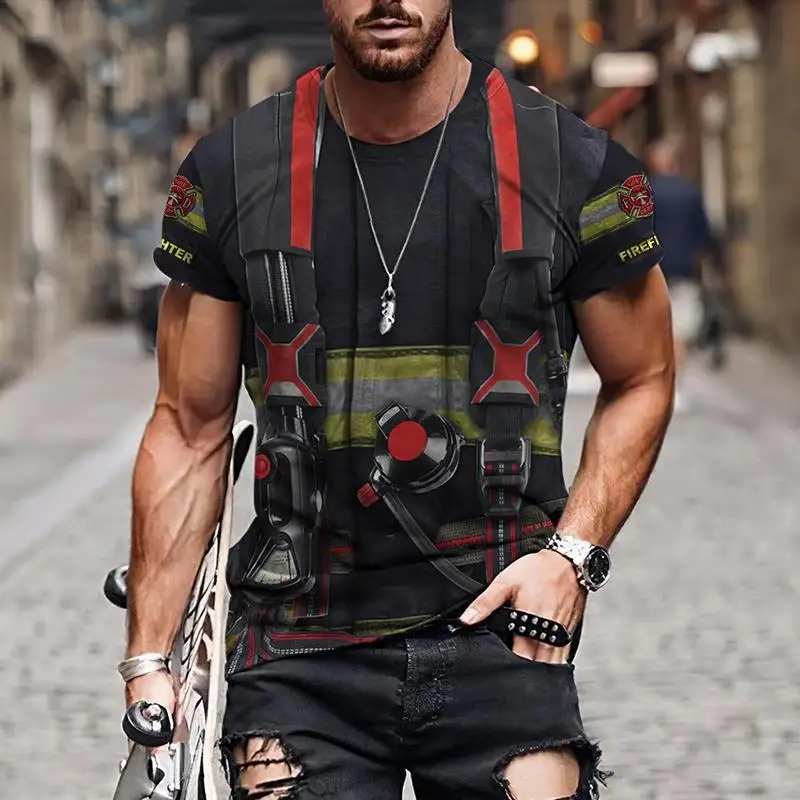 3D Print Firefighter Graphic T-Shirts For Men Casual Short Sleeve ...