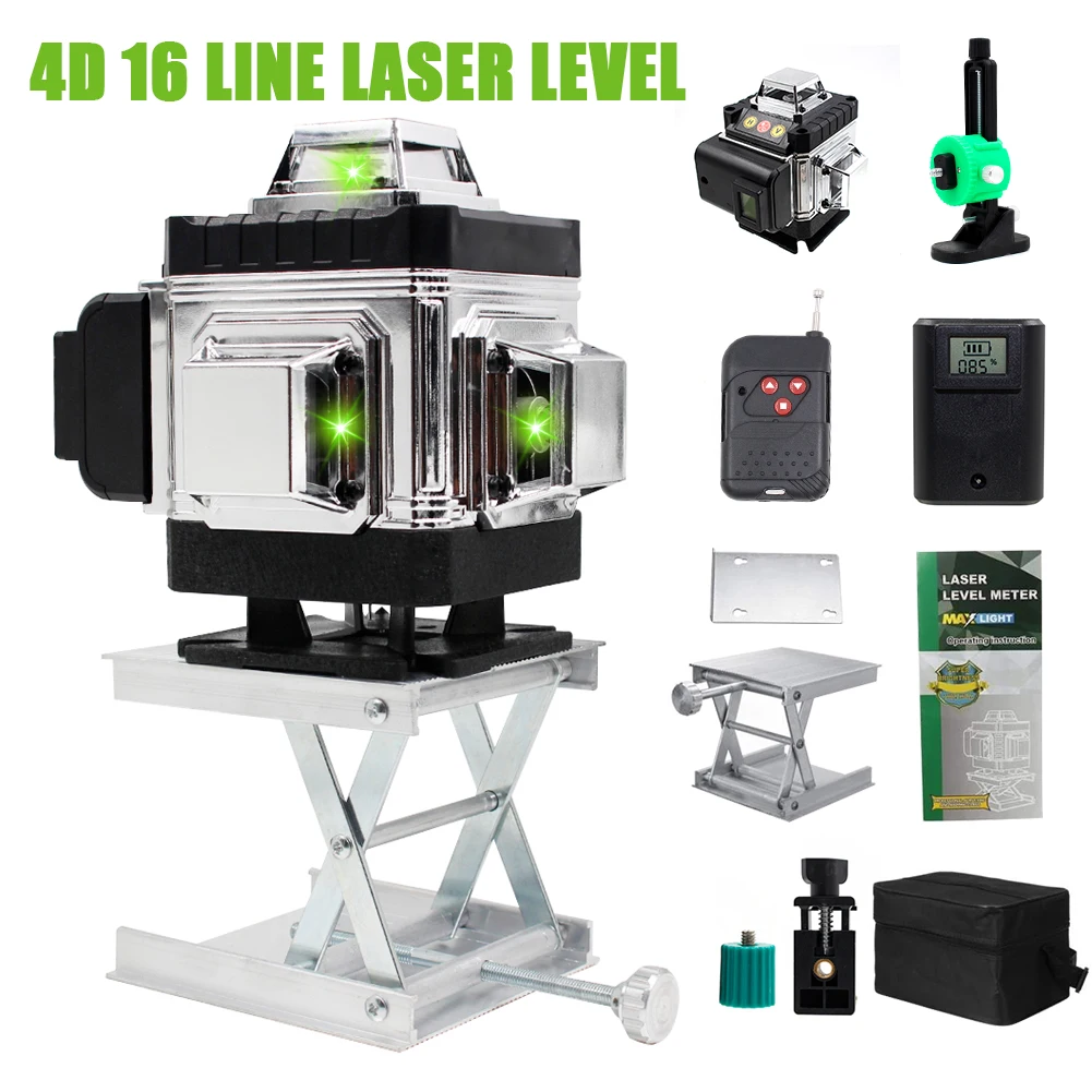 4D 16 Lines Laser Level 360° Horizontal and Vertical Cross Green Light ...