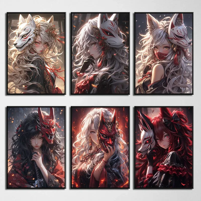 Japan-Anime-Fox-Mask-Girl-Portrait-Poster-Print-Canvas-Painting-Kawaii ...