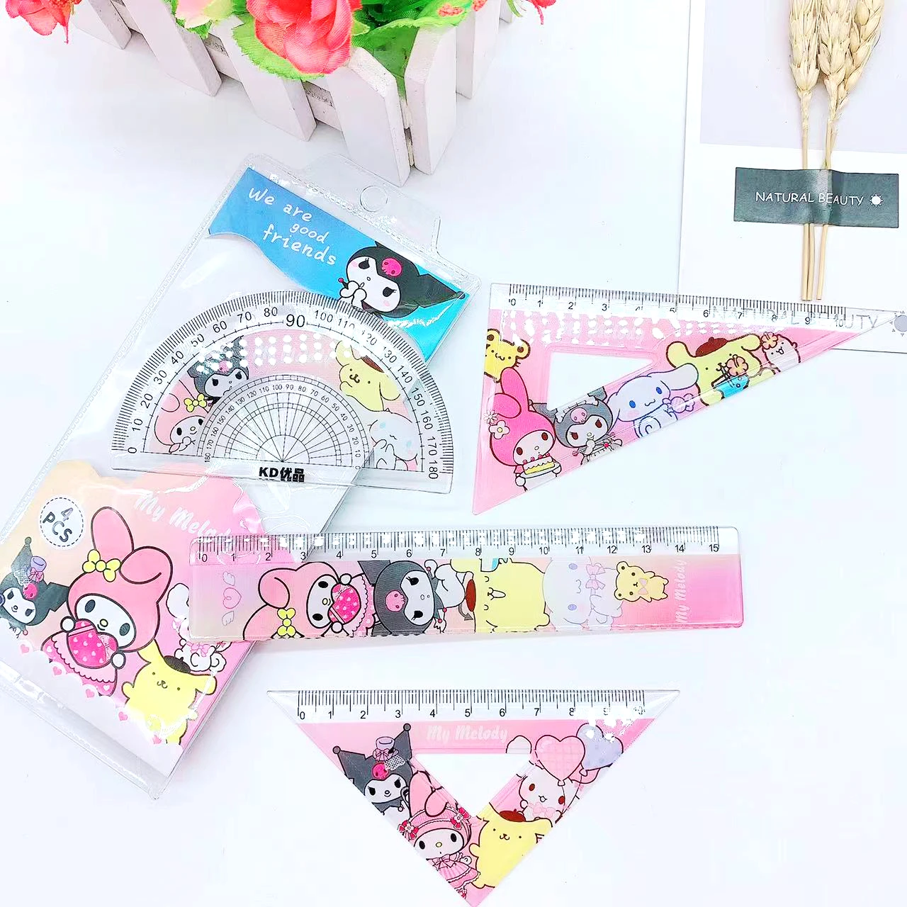 MINISO-Sanrio-4-Piece-Set-Student-Stationery-Triangle-Protractor-Set ...