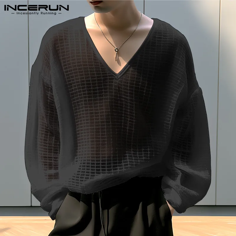 INCERUN-Tops-2024-Korean-Style-Men-Solid-Checkered-Perspective-T-shirts ...
