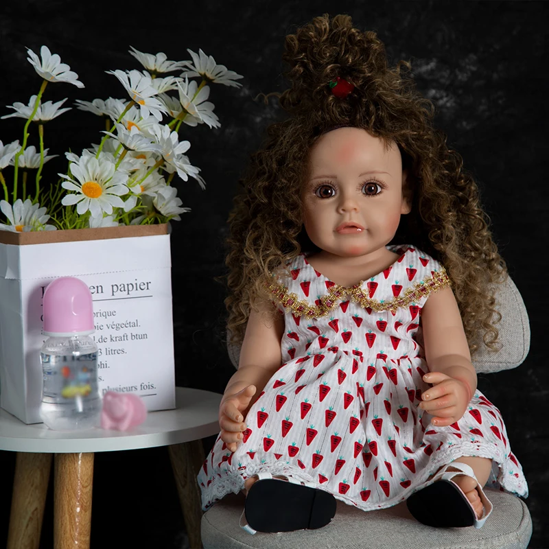 Poupée Reborn pour fille de 55CM, cheveux bouclés sue sue, cheveux enracinés de peinture ...