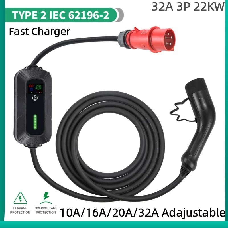 Level 2 Ev Charger 22kw 3 Phase Type 2 Iec 62196 Cee Red Plug Portable ...