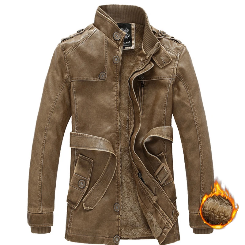 2023 Men Autumn Winter Pu Stand Collar Fleece Warm Leather Jacket Men ...