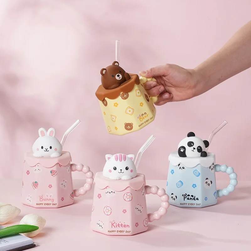 New-Cute-Cartoon-Ceramic-Cup-Mug-with-Cover-and-Straw-High-Color ...