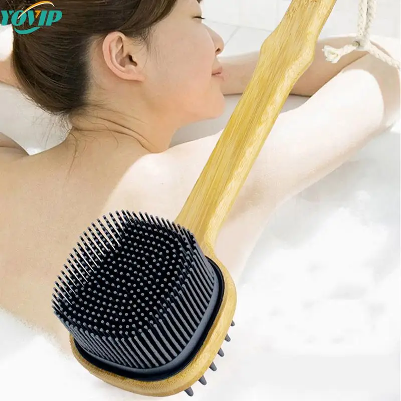 1pc Silicone Brush Head Back Scrubber Shower Brush With Long Wooden ...