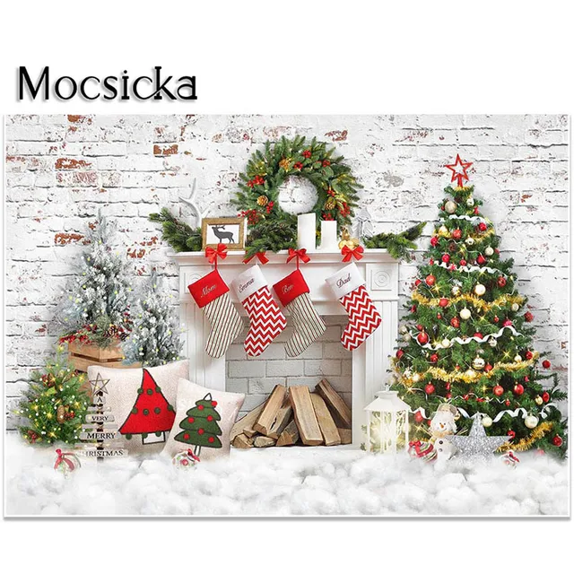 Mocsicka Christmas Room Set Photography Backdrop Interior White Fireplace Decorations Background ...