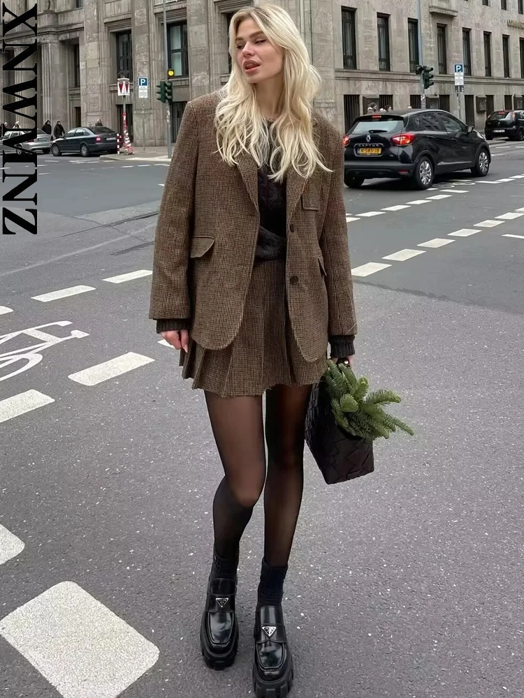 XNWMNZ-Blazer-de-pata-de-gallo-para-mujer-minifalda-plisada-ancha-con ...
