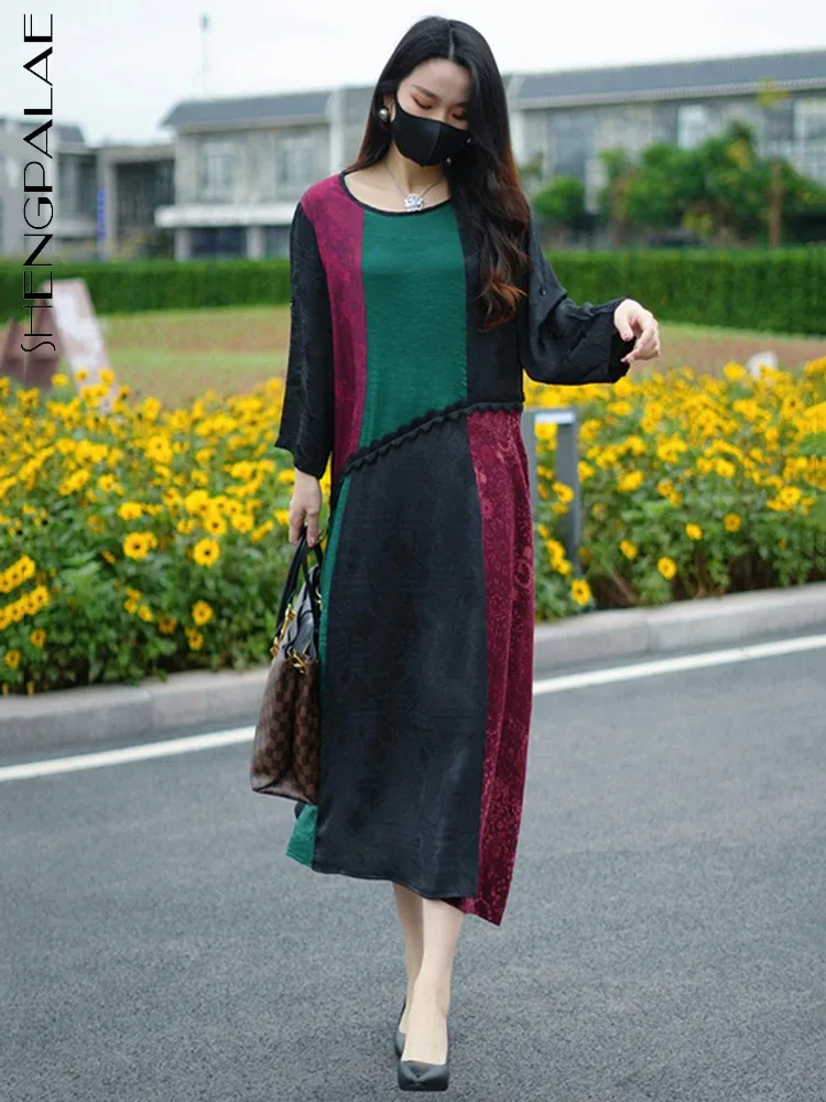 SHENGPALAE-Contrast-Color-Dress-For-Women-O-neck-Full-Sleeve-Patchwork ...