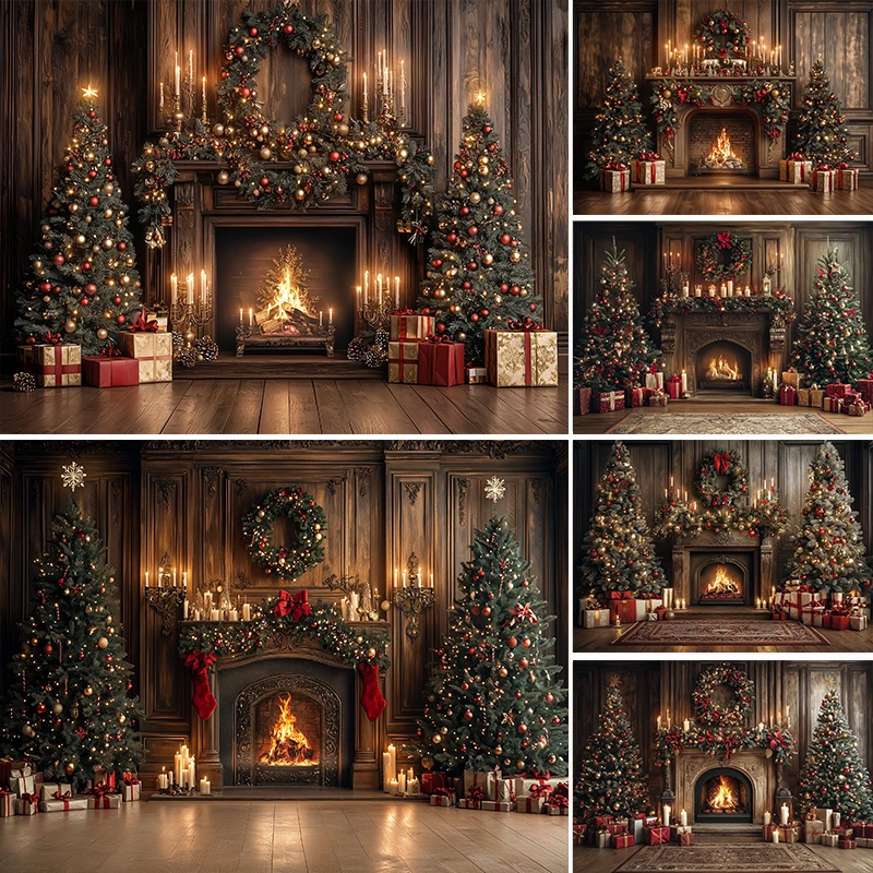 LS Christmas Backdrops for Photography Fireplace Christmas Tree Decor ...