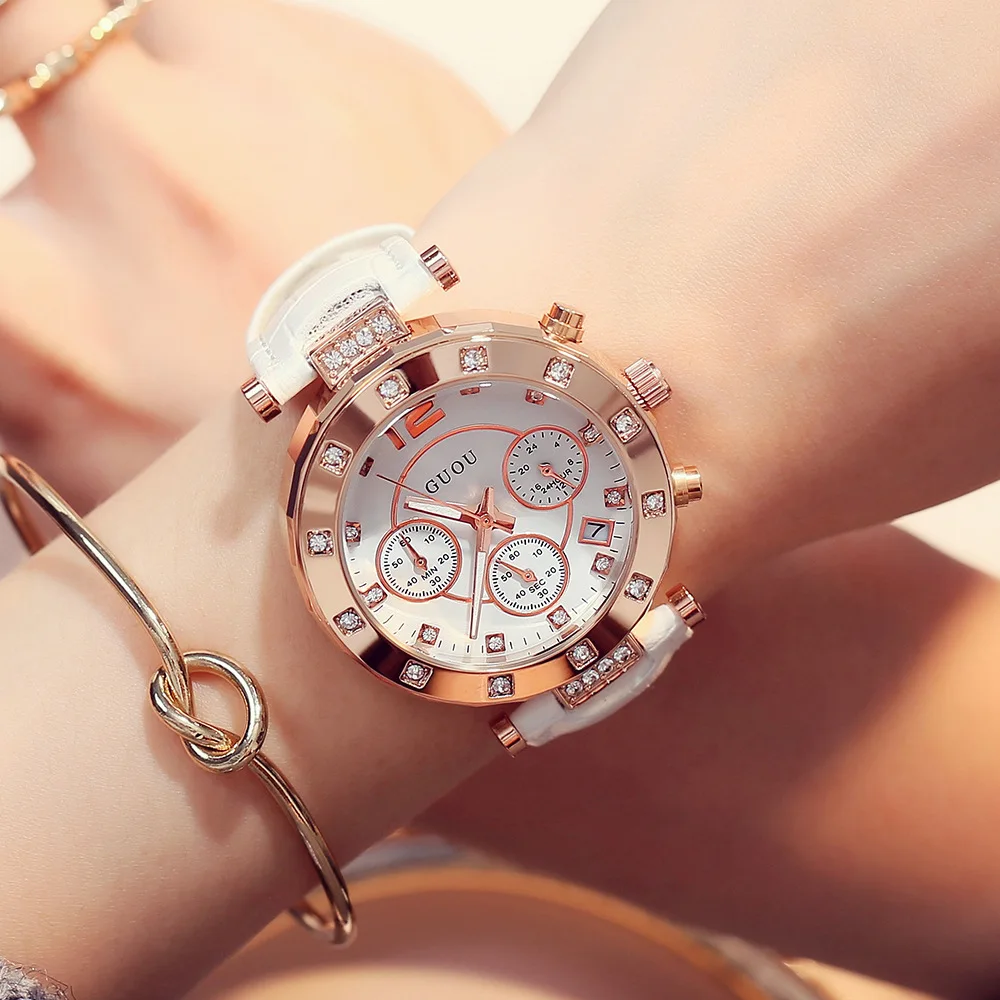 Fashion Round Quartz Rhinestone Digital Dial Casual Wrist Watch Leather ...