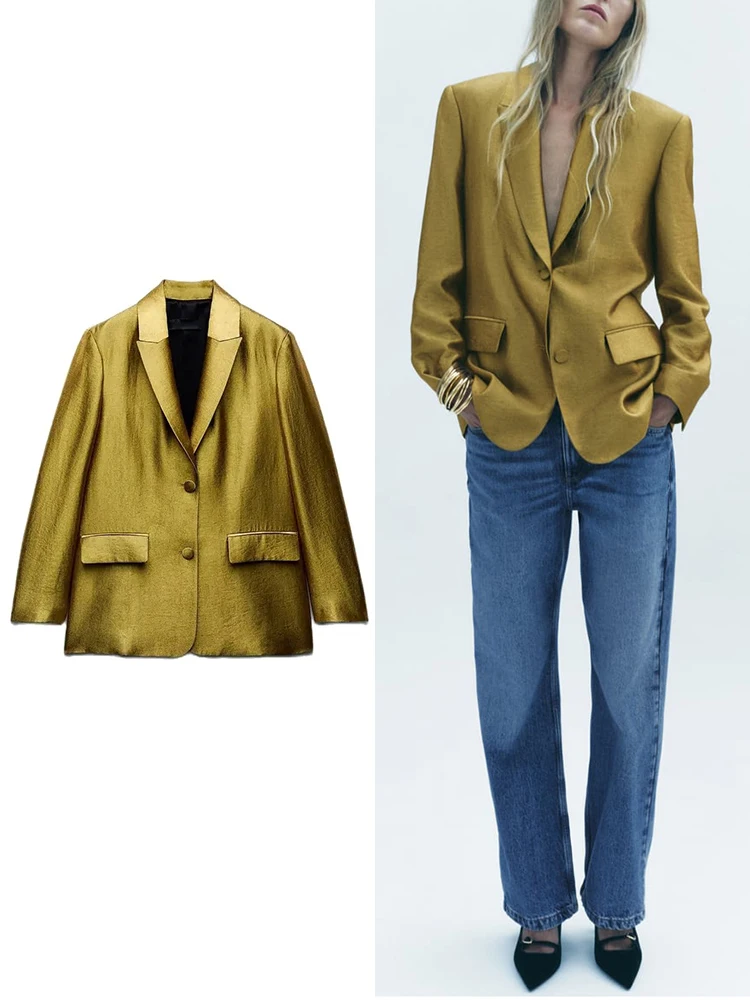 TRAF-Women-s-Gold-Sequin-Blazer-New-V-neck-long-sleeved-pocket-button ...