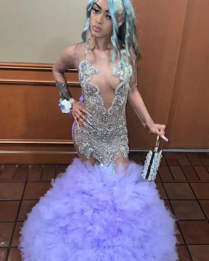 Lavender Purple Mermaid Prom Dress For Women Ruffles Bottom Silver
