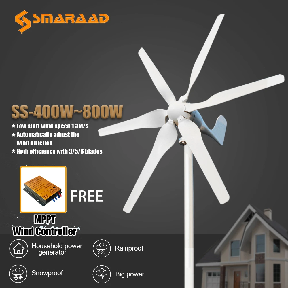 Wind Turbine Generator 400w 600w 800w 12v 24v 48v 3/5/6 Blades Vertical ...