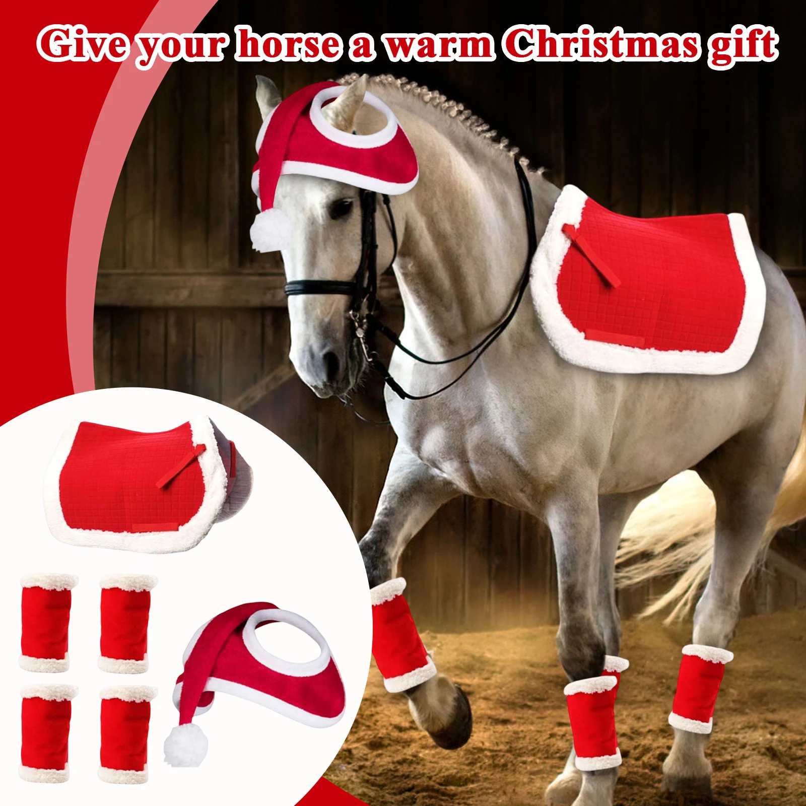 6Pcs Christmas Santa Hat Saddle Pads Leg Wraps Santa Red Horse Hat ...