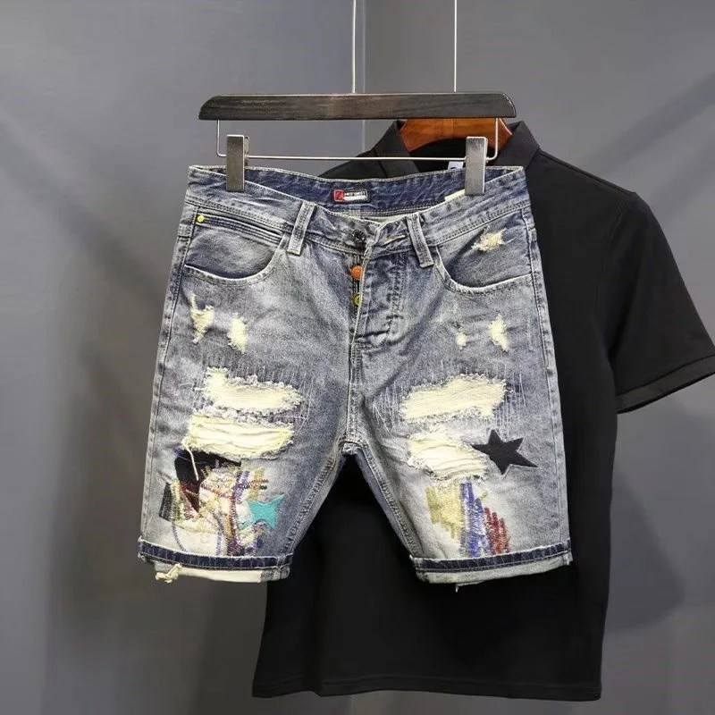 Summer-Men-s-Fashion-Scraped-Patch-Beggar-Denim-Shorts-Hip-Hop-Washable ...