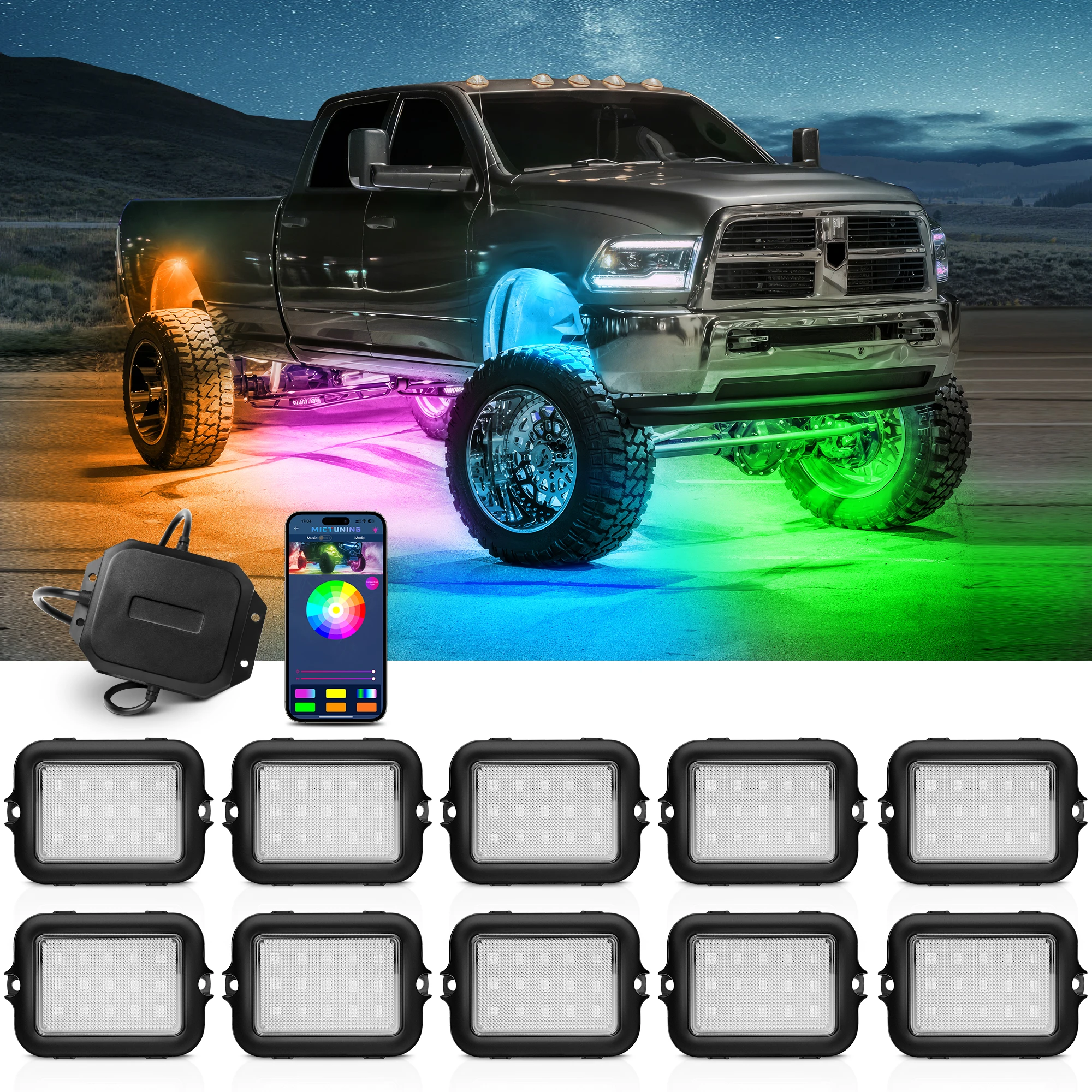 MICTUNING-Y1-RGB-IC-LED-Rock-Lights-Kit-Chasing-Color-12-Pods-Underbody ...