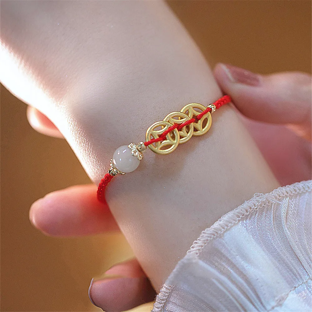 Natural Hetian Jade Adjustable Red Braided Rope Bracelet Coin ...