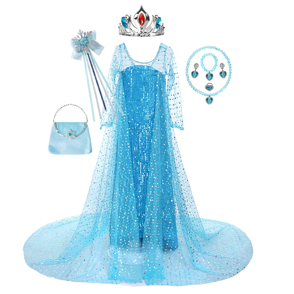 Disney Frozen Girls Elsa Cosplay Princess Dress Sequin Costume Snow ...