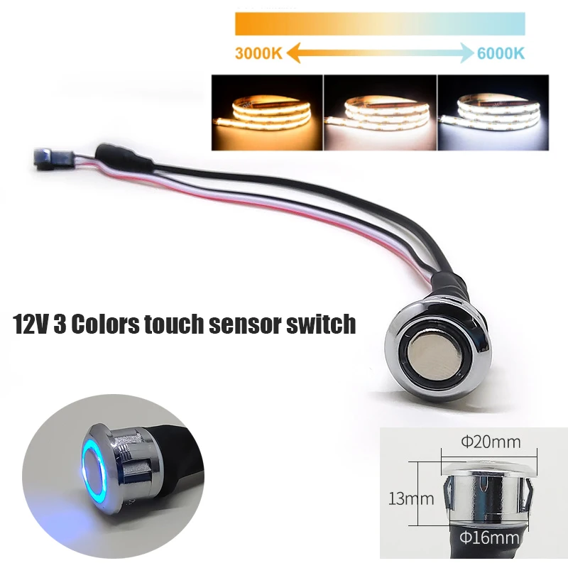 3 Color Touch Sensor Switch LED Dimmer 12V 24V Recessed Button Stepless Dimmable Controller for ...