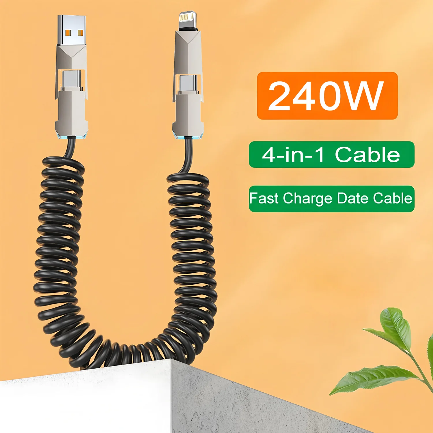 240W 4 IN 1 USB Type C Data Cable Car USB Spring PD Fast Charging Cable ...