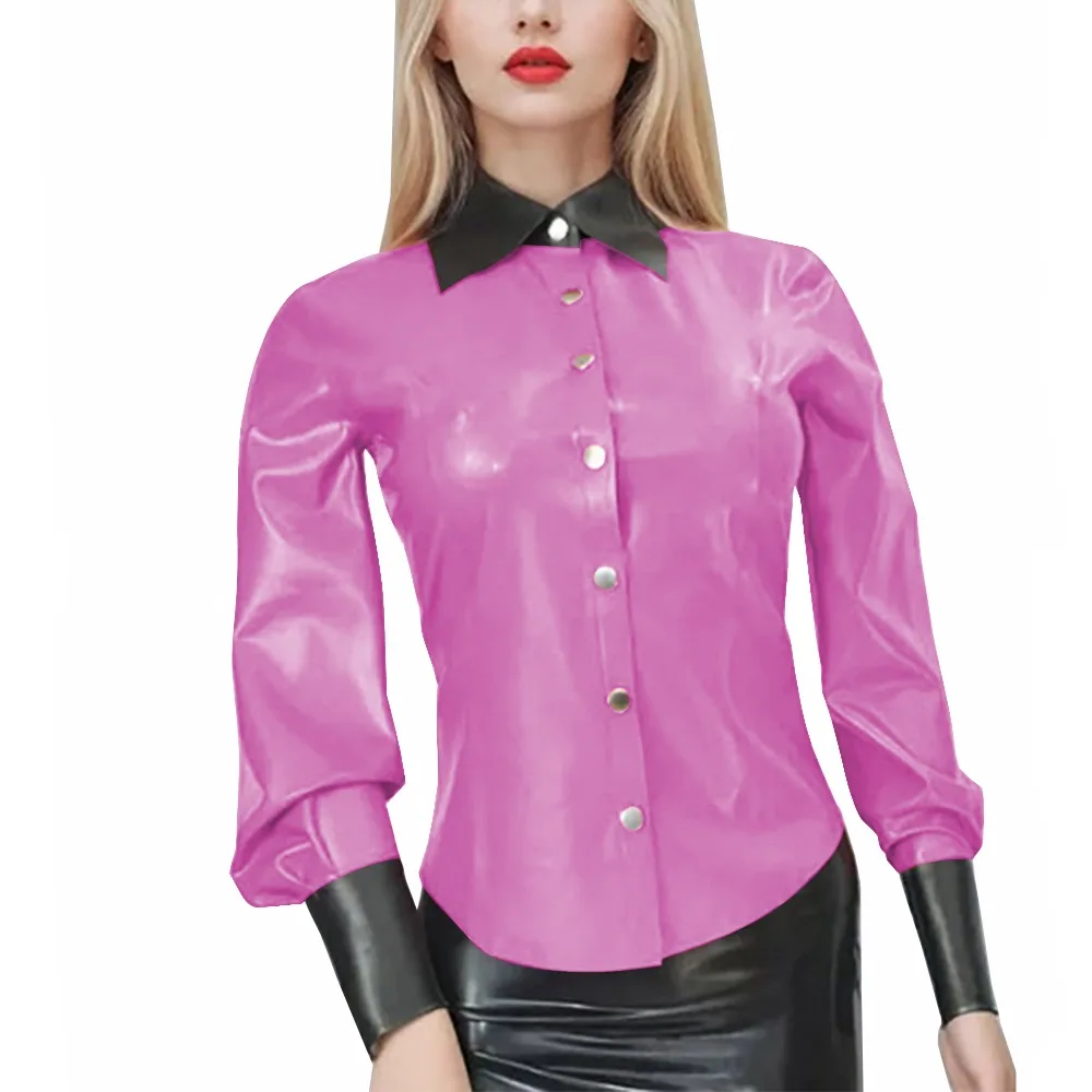 New Fashion Patent Leather PVC Shirts Women Elegant Patchwork Long ...