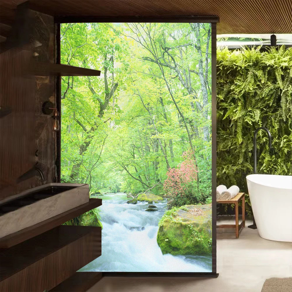 Privacy-Glass-Window-Film-Jungle-Stream-Pattern-Glue-free-Static-Cling ...