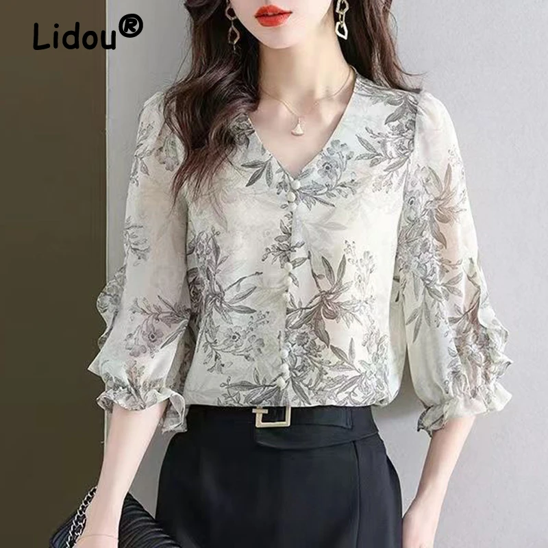 Women-s-Summer-Trendy-Ruffle-Print-Elegant-Blouse-Korean-Style-V-Neck ...