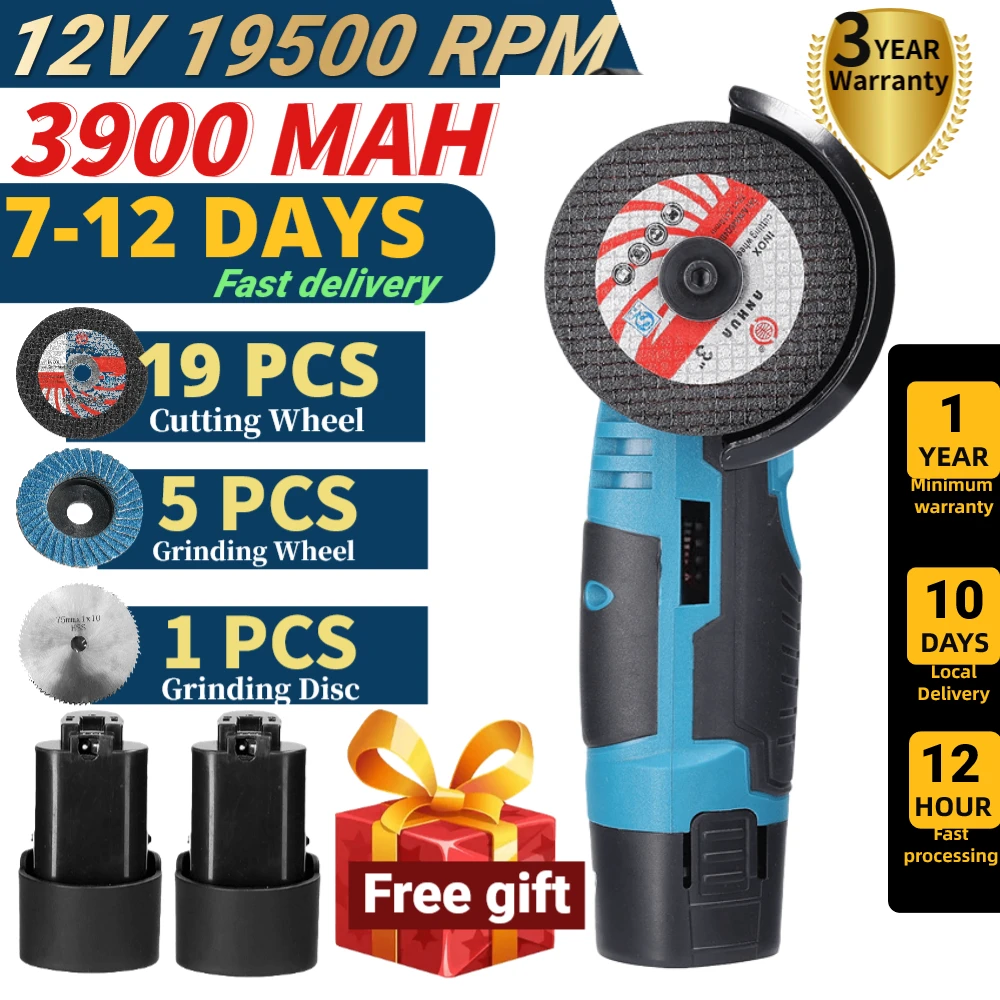 12V Brushless Angle Grinder 2PCS Lithium Battery 500W 19500Rpm Cordless ...