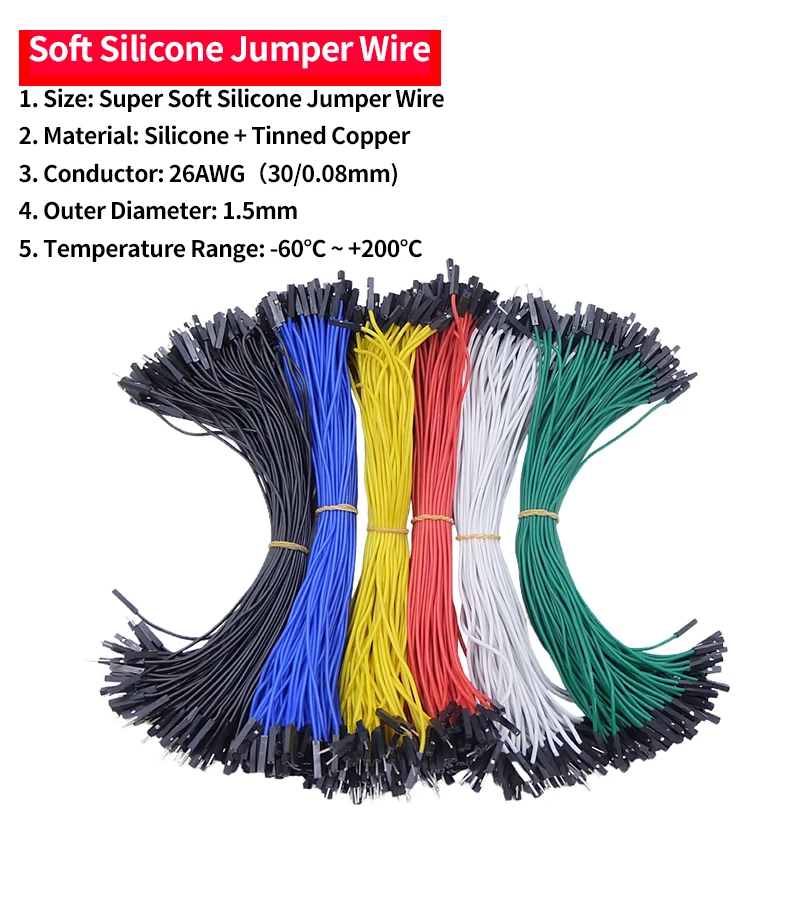 Силиконовая перемычка, 1-контактный кабель Dupont, 26AWG, ПВХ, медь ...