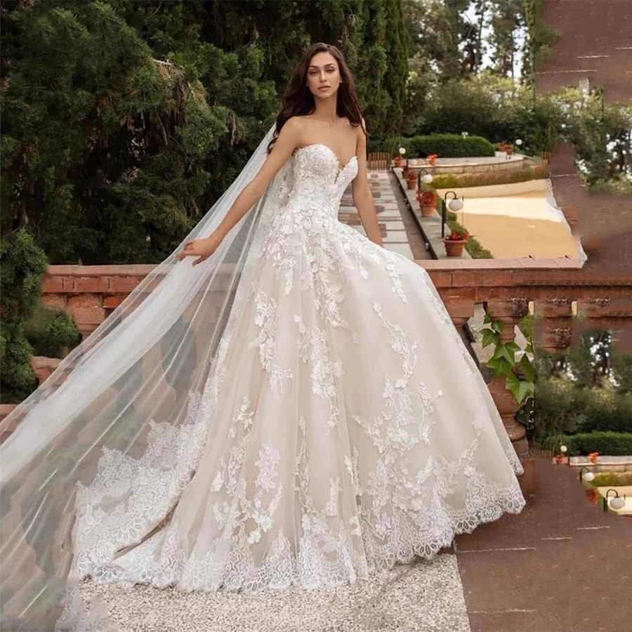 Romantic-Tulle-A-Line-Wedding-Dresses-For-Woman-Flower-Appliqued-Bride ...