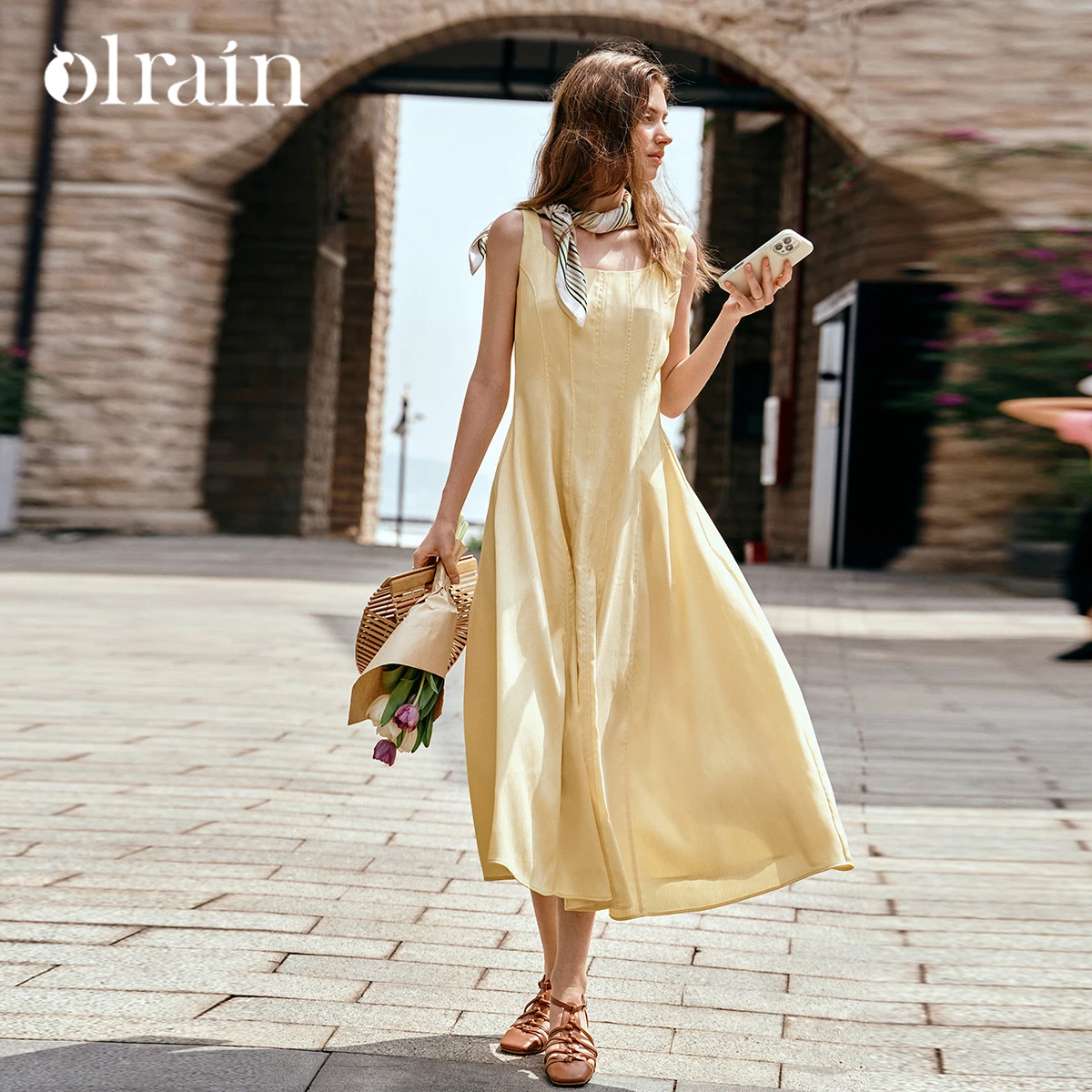 OLrain Women's Long Sleeveless Dress 2026 Summer Yellow French Square ...